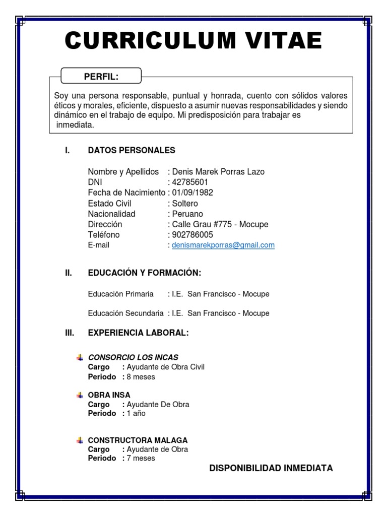 Curriculum Vitae de Denis Porras Lazo | PDF | Crecimiento personal y ...