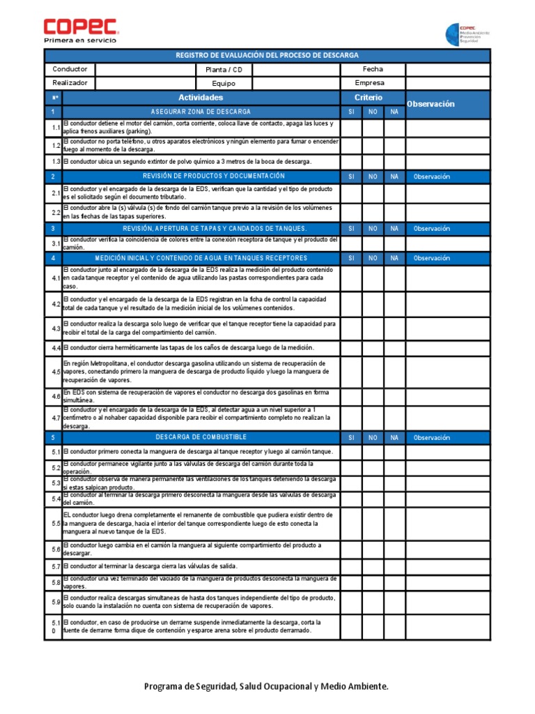 Formatos Programa SSOMA - PROCESO DE DESCARGA | PDF | Tanques