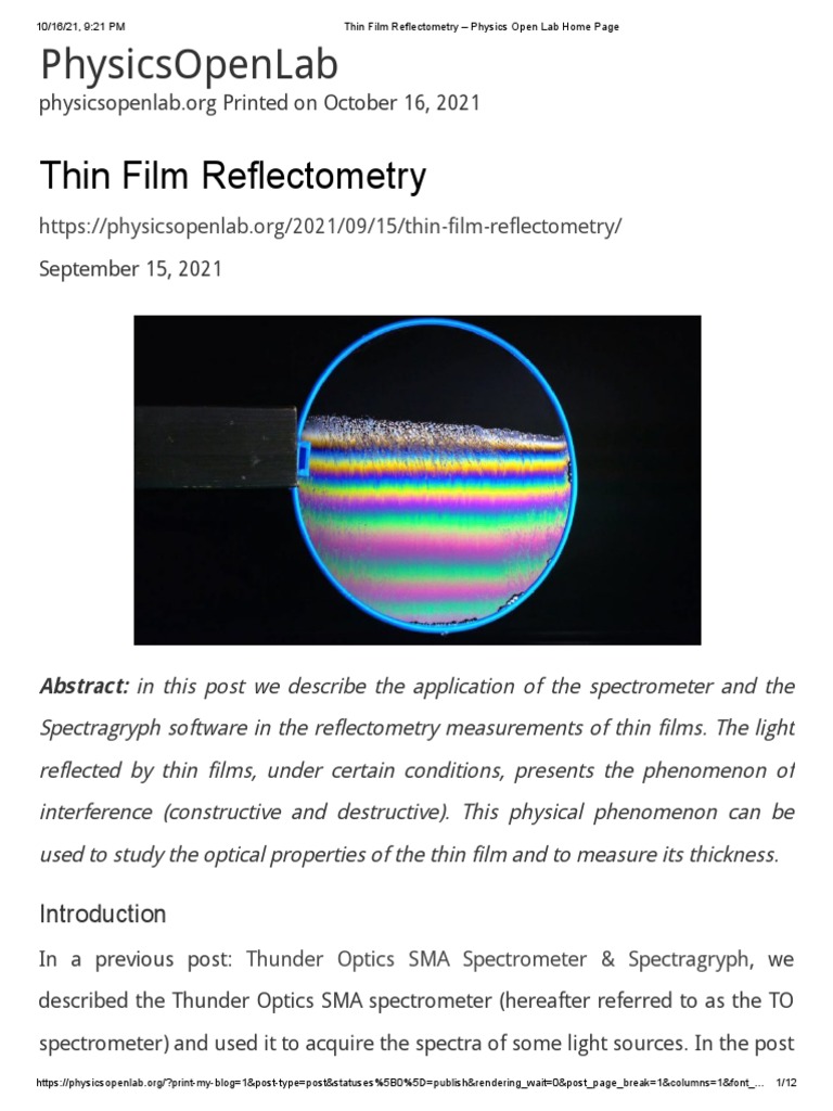 Thin Film Reflectometry - Physics Open Lab Home Page | PDF | Spectrum ...