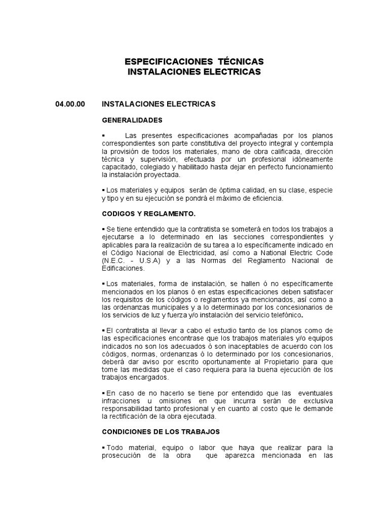 Especificaciones técnicas para instalaciones eléctricas | PDF | Enchufes y tomas de corriente ...