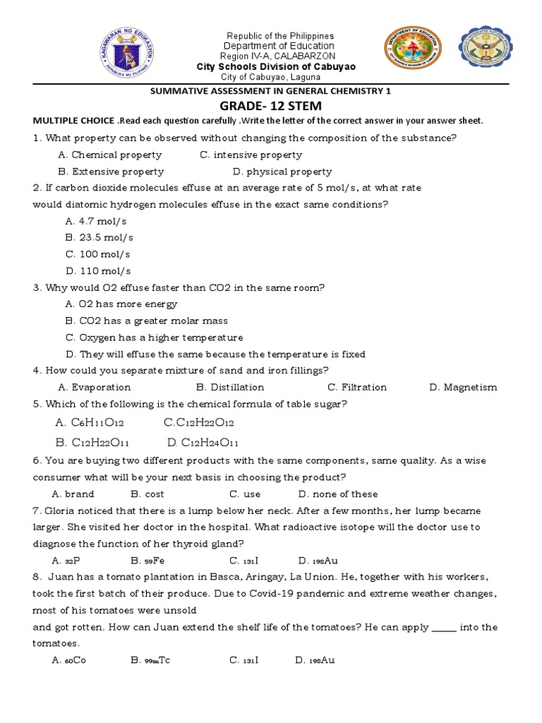 Grade-12 Stem: Summative Assessment in General Chemistry 1 Multiple ...