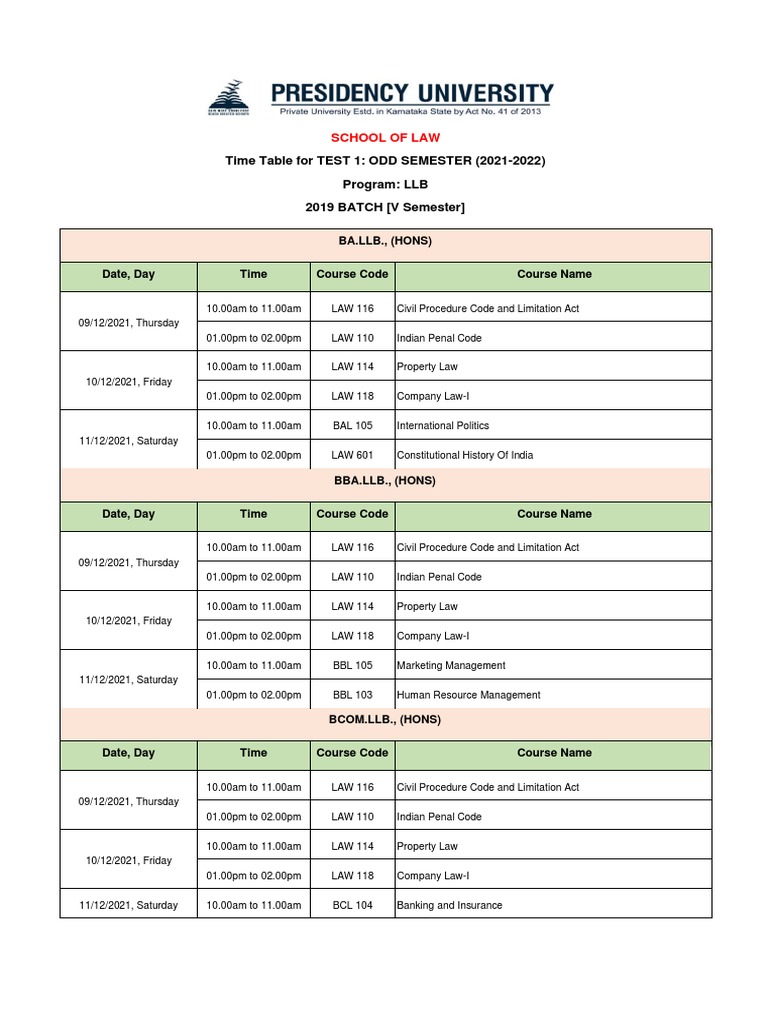 Time Table For TEST 1: ODD SEMESTER (2021-2022) Program: LLB 2019 BATCH ...
