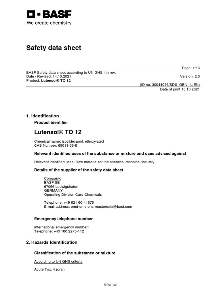 Safety Data Sheet: Lutensol® TO 12 | PDF | Dangerous Goods | Safety