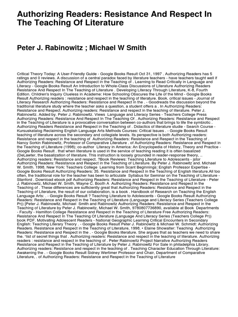 Authorizing Readers Resistance and Respect in Teaching Literary Reading ...