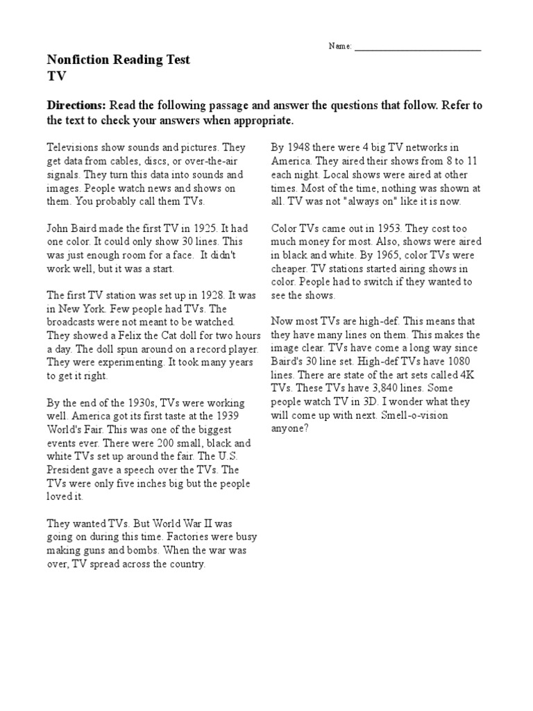 Nonfiction Reading Test TV: Directions: Read The Following Passage and ...