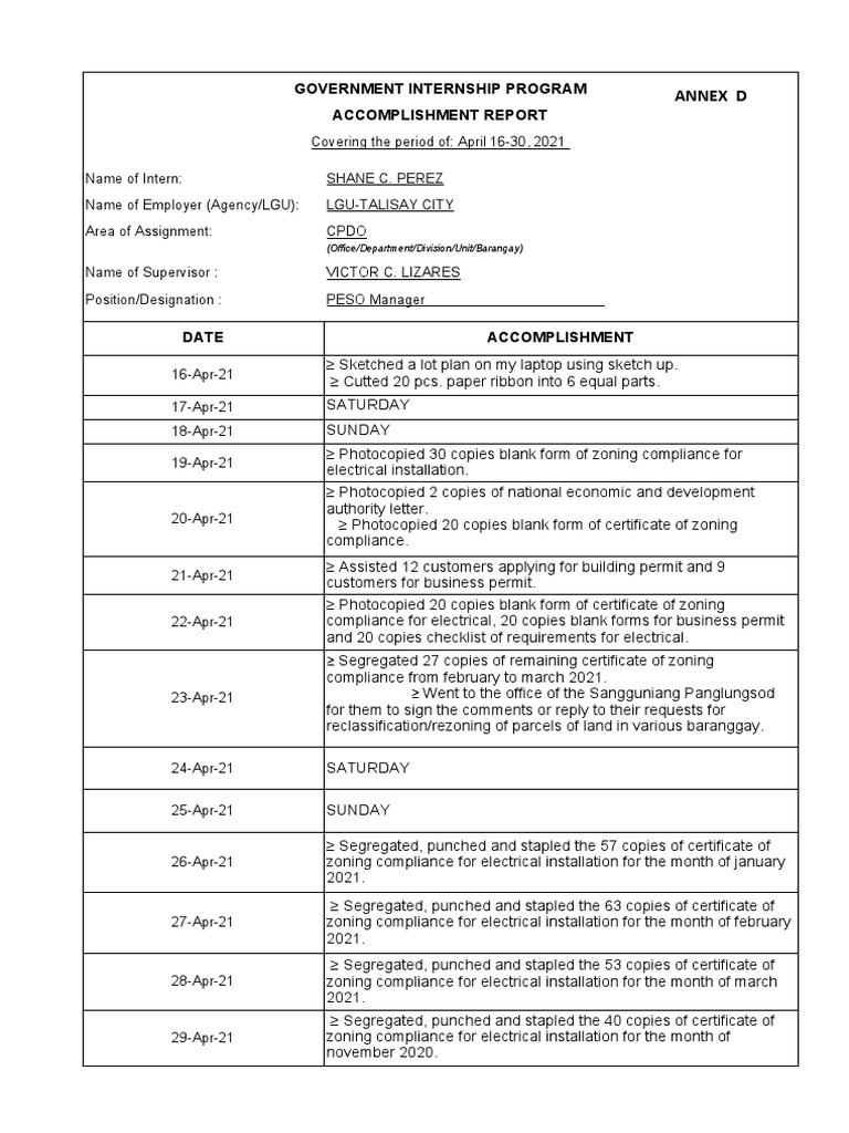 Government Internship Program Accomplishment Report: Annex D | PDF