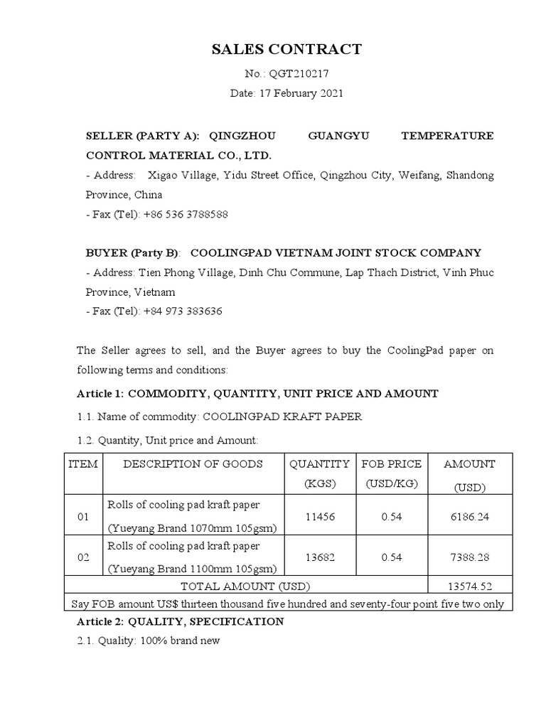 Group 2 - SALES CONTRACT OF RAW CASHEW NUTS IN SHELLS | PDF | Business ...