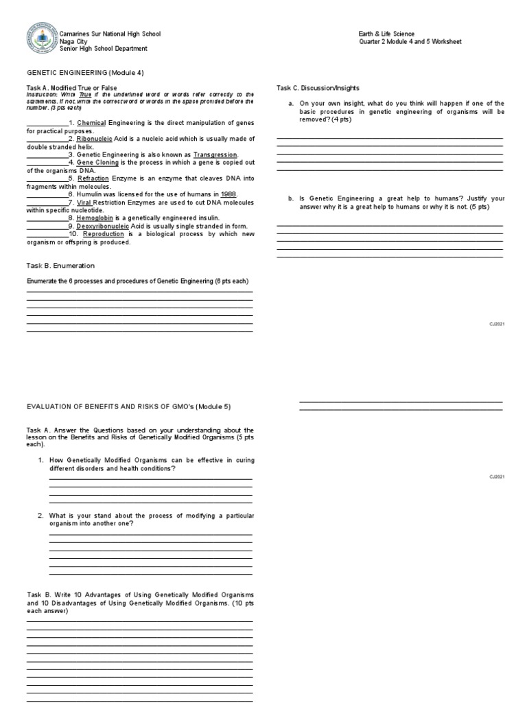 Genetic Engineering (Module 4) : Task A. Modified True or False Task C ...