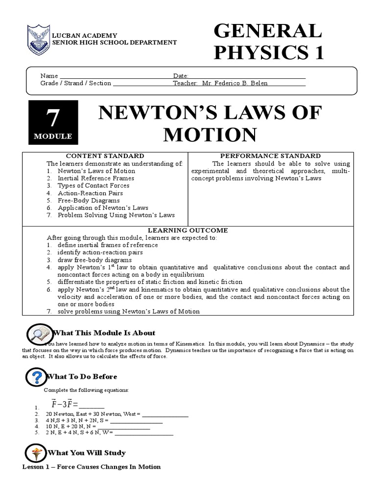 General Physics 1 Newton'S Laws of Motion: Content Standard Performance ...