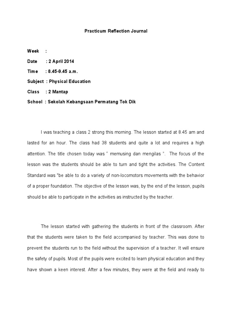 Practicum Journal Reflection Week 2 | PDF | Physical Education | Teachers