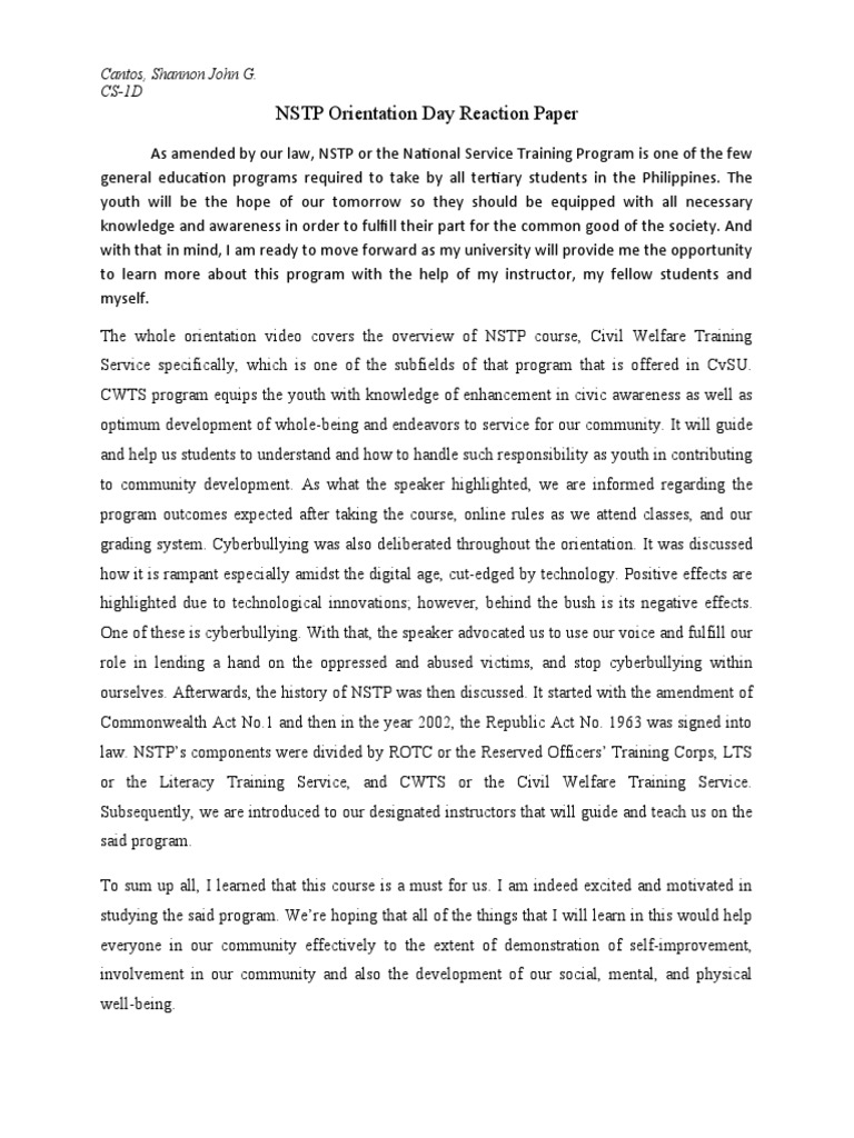 NSTP Orientation Insights and Reflections | PDF | Cyberbullying