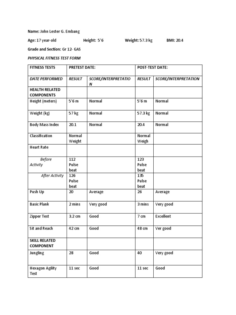 Physical Fitness Test Form | PDF | Body Mass Index