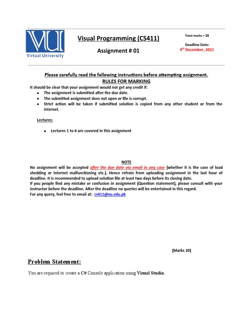 Visual Programming (CS411) : Assignment # 01 | Download Free PDF | Computer Engineering | Software