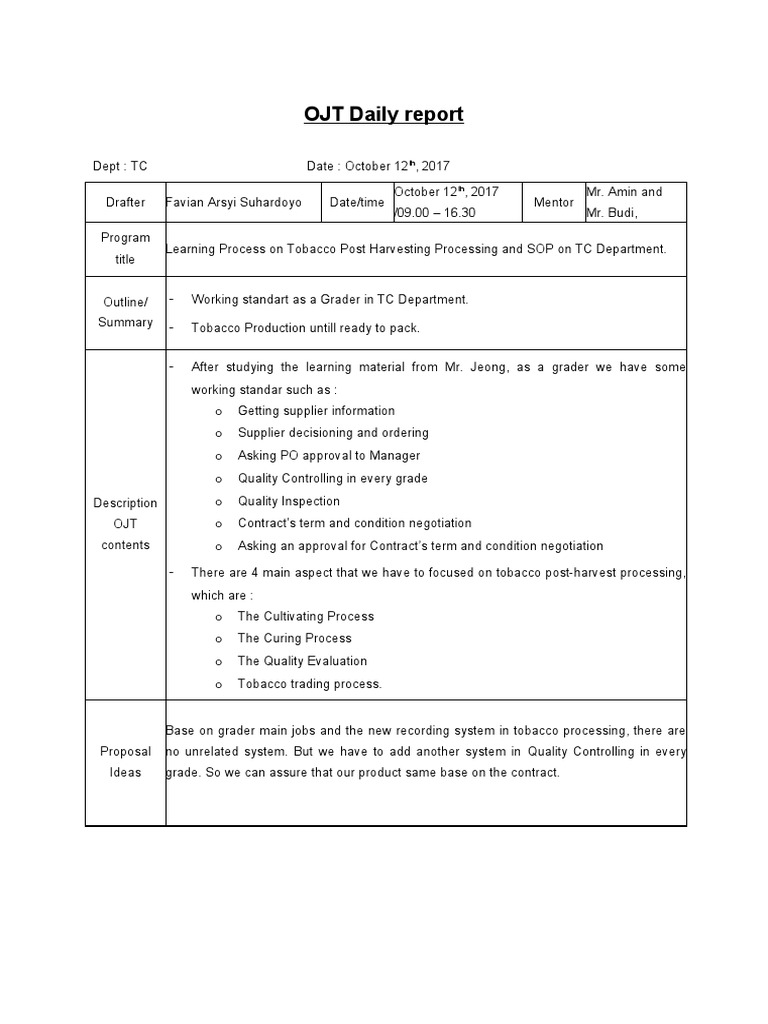 OJT Report: Tobacco Post-Harvest Processing | PDF