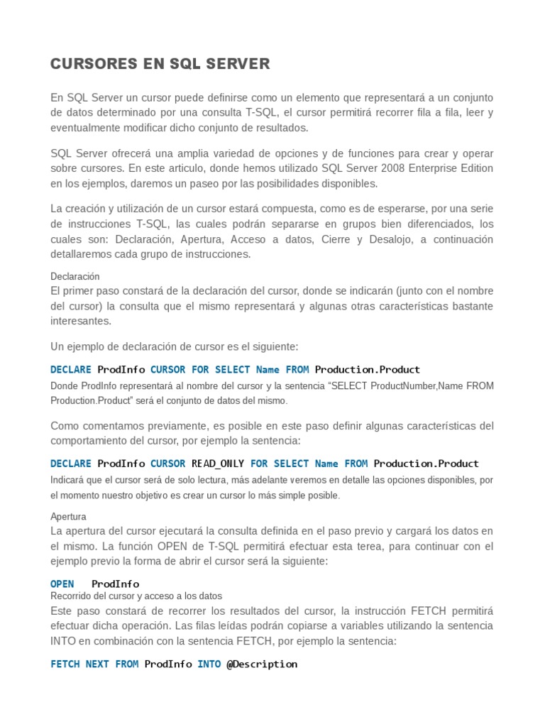 Cursores en SQL Server | PDF | SQL | Servidor SQL de Microsoft
