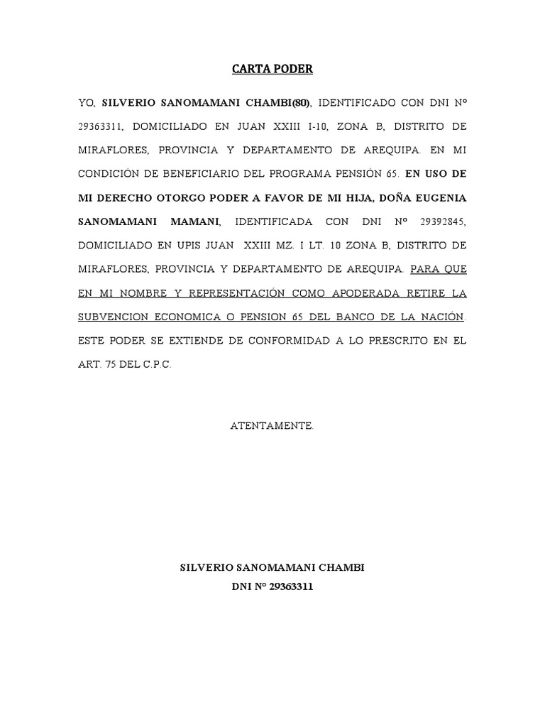 Carta Poder - Pension 65 | PDF