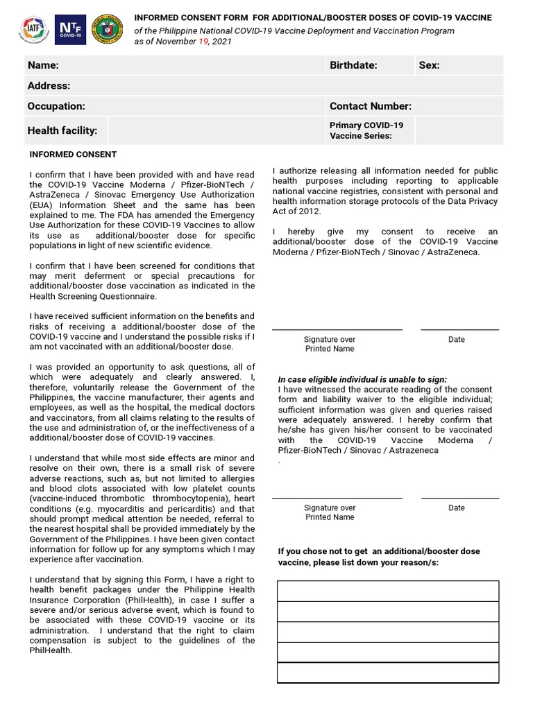 Boosters Informed Consent Form ENG | PDF | Medical Specialties | Drugs