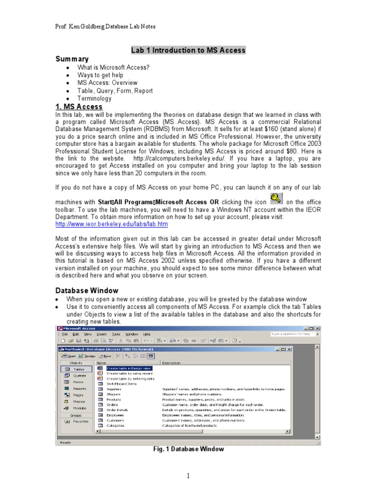Lab 1 Introduction To MS Access: Fig. 1 Database Window | PDF | Microsoft Access | Databases