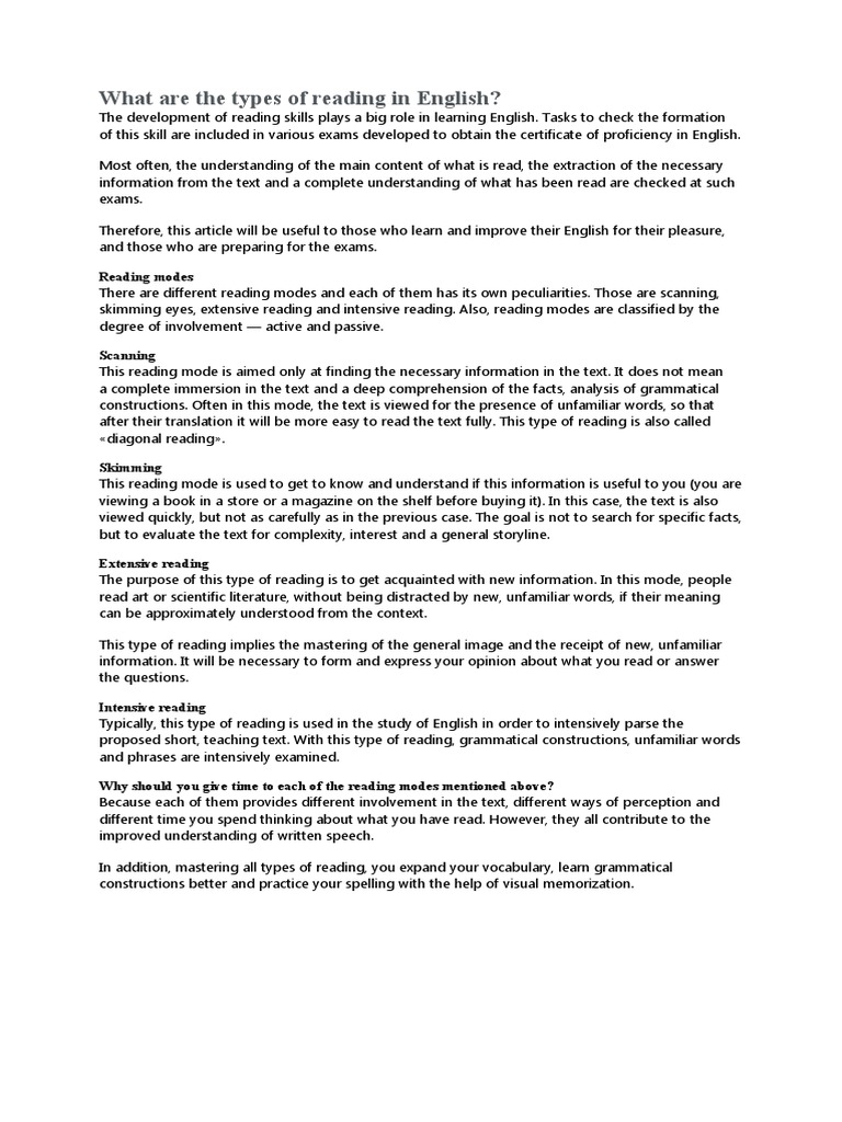 Types of Reading in English Explained | PDF | Speed Reading | Reading ...