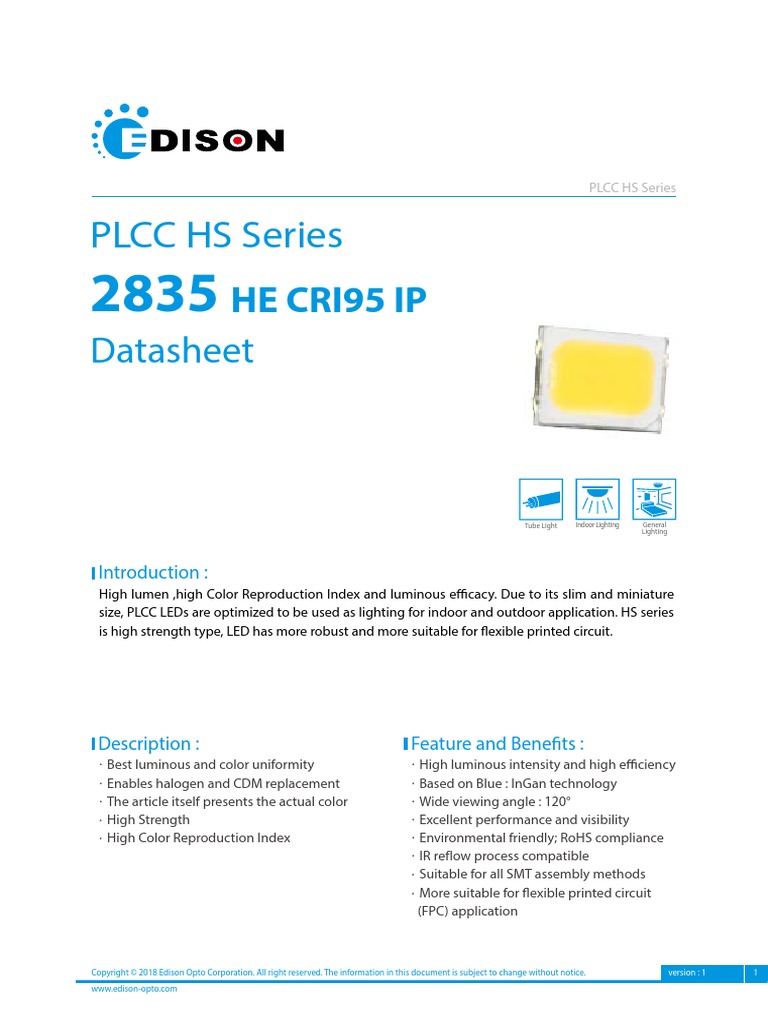 Edison Opto - PLCC HS Series 2835 HE CRI95 IP - en | PDF | Light | Physical Quantities