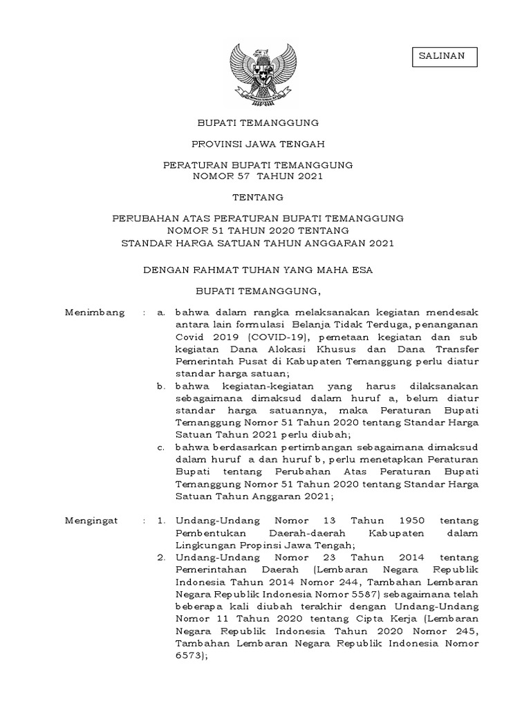 Perbup No 57 Tahun 2021 Tentang Perubahan Atas Peraturan Bupati Temanggung Nomor 51 Tahun 2020 ...