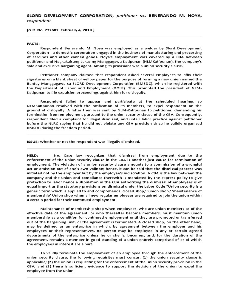 Slord Corp. vs. Noya: Union Security Case | PDF | Employment ...