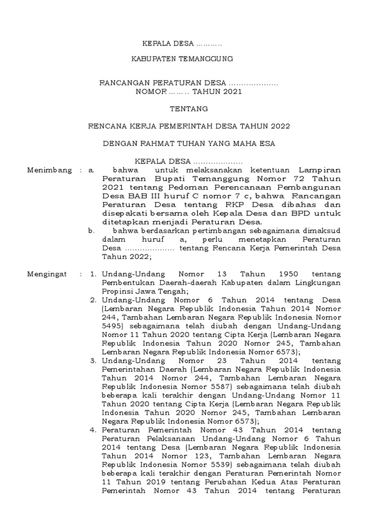 Rancangan Perdes RKP Desa 2022 EDIT 7 OKT4 | PDF
