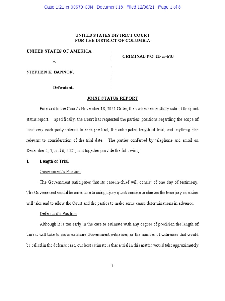 Joint Status Report For Bannon Ahead of Discovery Hearing On Dec 7 ...