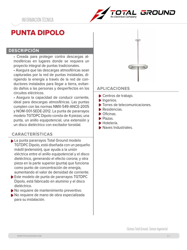 Descripción técnica de la punta pararrayos Dipolo de Total Ground: características, aplicaciones ...