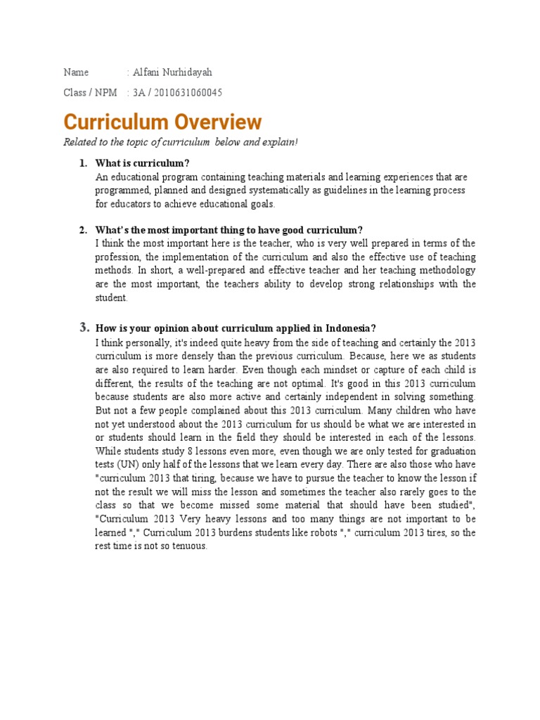 Curriculum Overview - Alfani Nurhidayah 3A | PDF