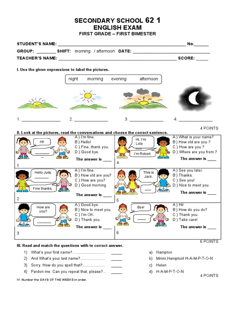 Secondary School English Exam: First Grade - First Bimester | PDF