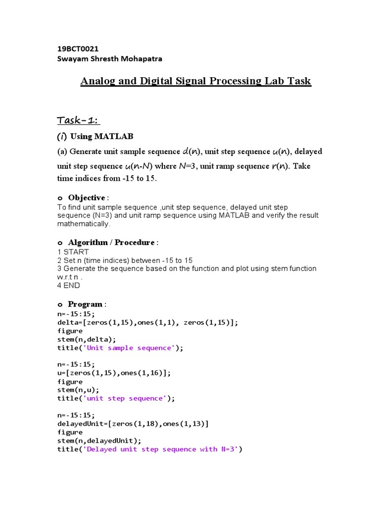Analog and Digital Signal Processing Lab Task | PDF | Matrix (Mathematics) | Sampling (Signal ...