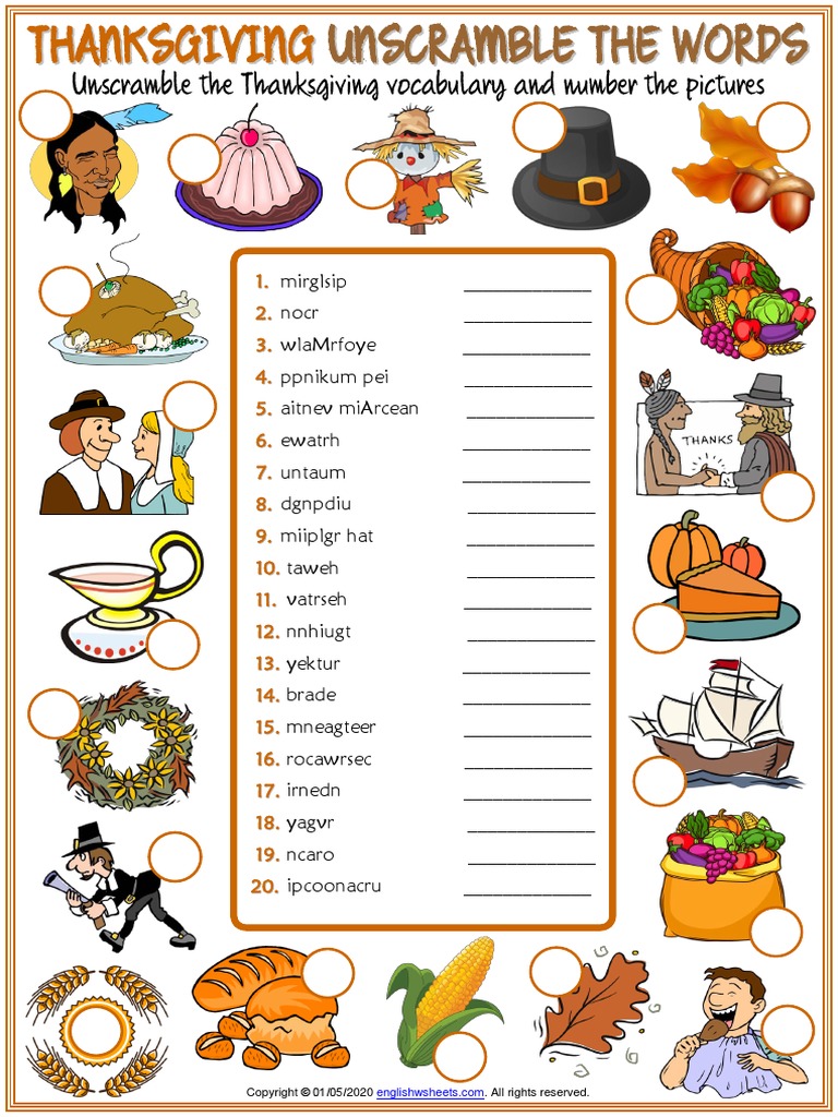 Thanksgiving Vocabulary Esl Unscramble The Words Worksheet For Kids ...