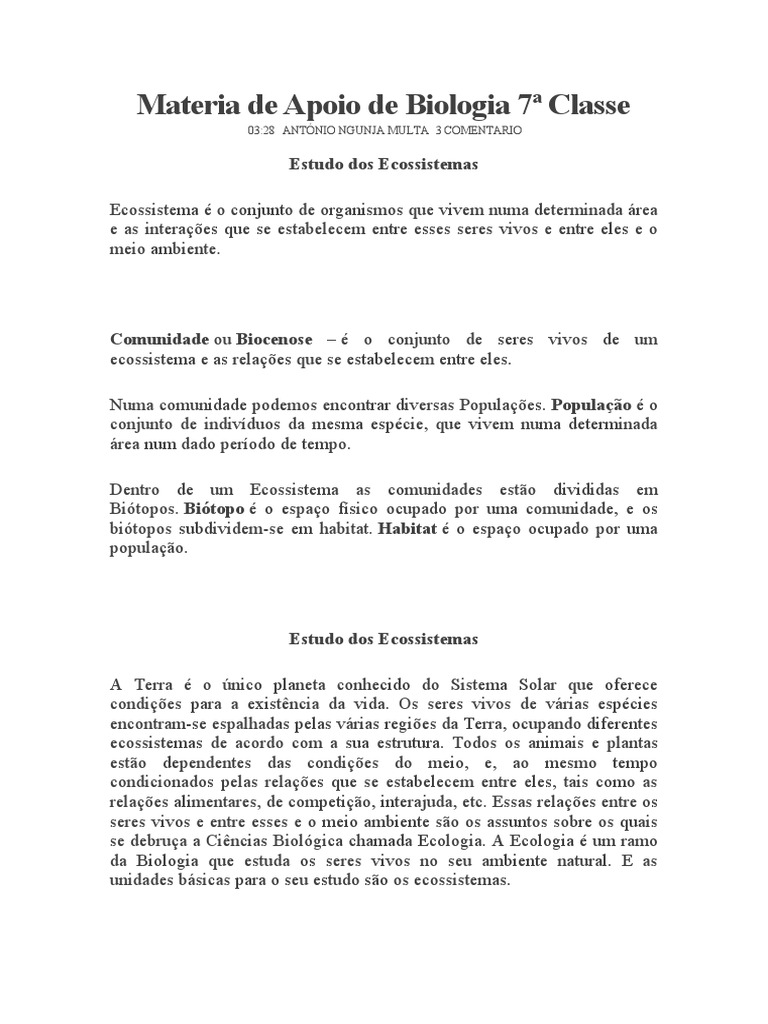 Materia de Apoio de Biologia 7 Classe | PDF | Ecossistema | Plantas
