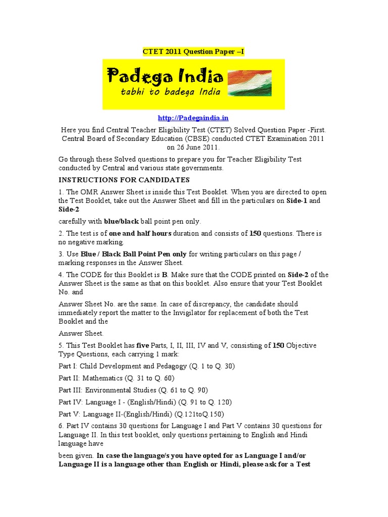 Ctet Paper-1 June 2011 Solved | PDF | Learning | Teachers