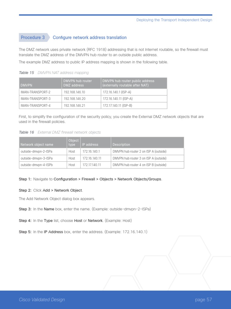 Procedure 3 Configure Network Address Translation: Table 15 DMVPN NAT ...