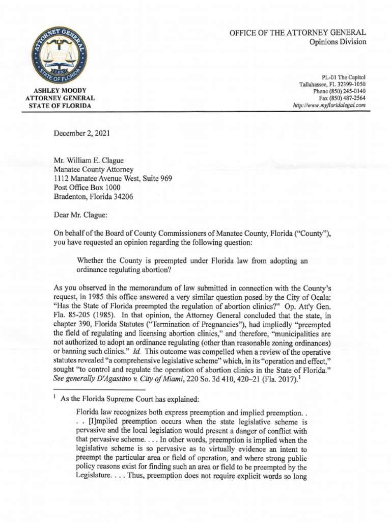 Florida Attorney General Response To Manatee County Commissioners | PDF
