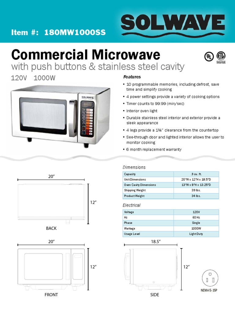 Ficha Tecnica Horno Micrrondas Solwave 180mw1000ss | PDF