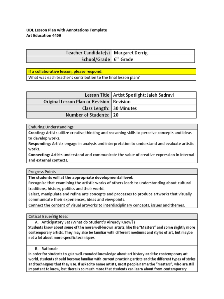 UDL Art Lesson Plan: Jaleh Sadravi | PDF | Educational Assessment ...