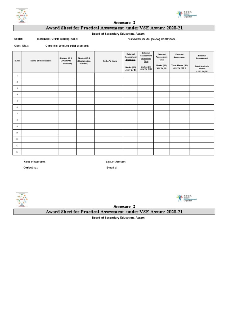 Award Sheet For Practical Assessment Under VSE Assam: 2020-21 ...