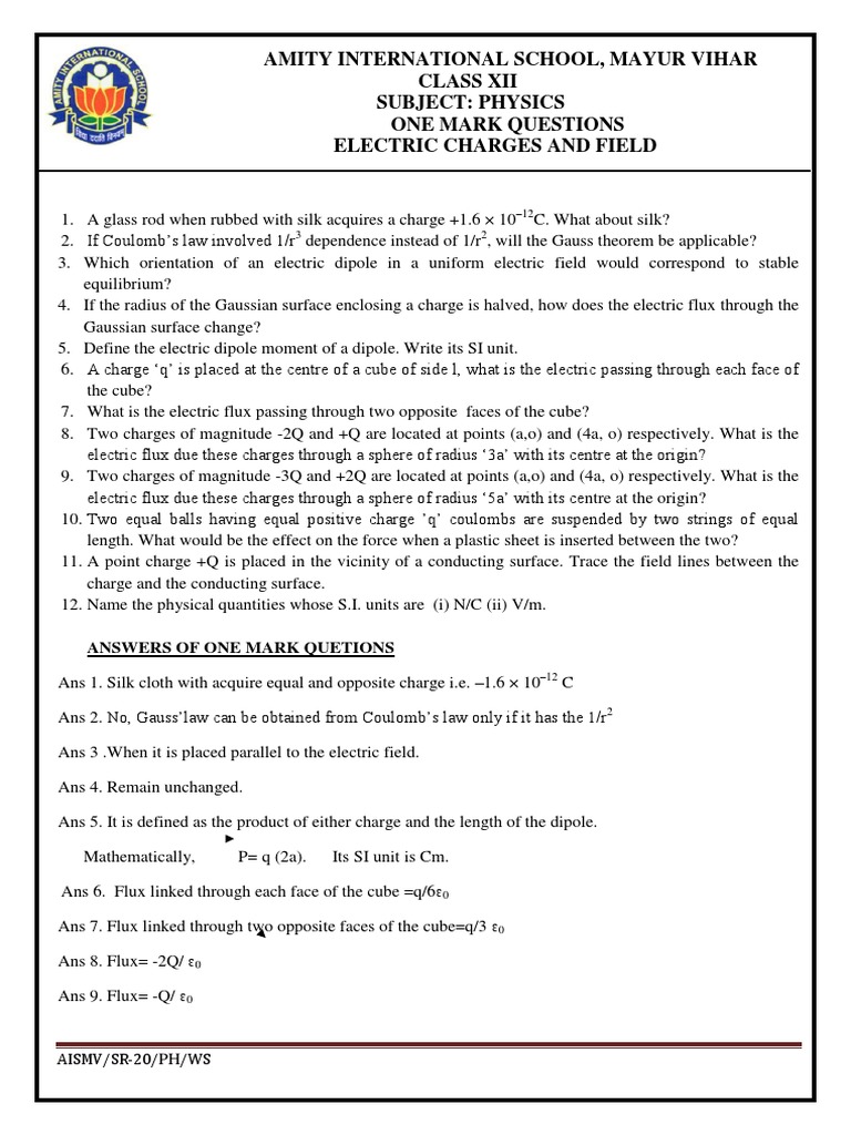 Amity International School, Mayur Vihar Class Xii Subject: Physics One Mark Questions Electric ...