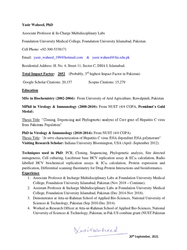 Yasir Waheed CV For HEC | PDF | Hepatitis C | Hepatitis C Virus