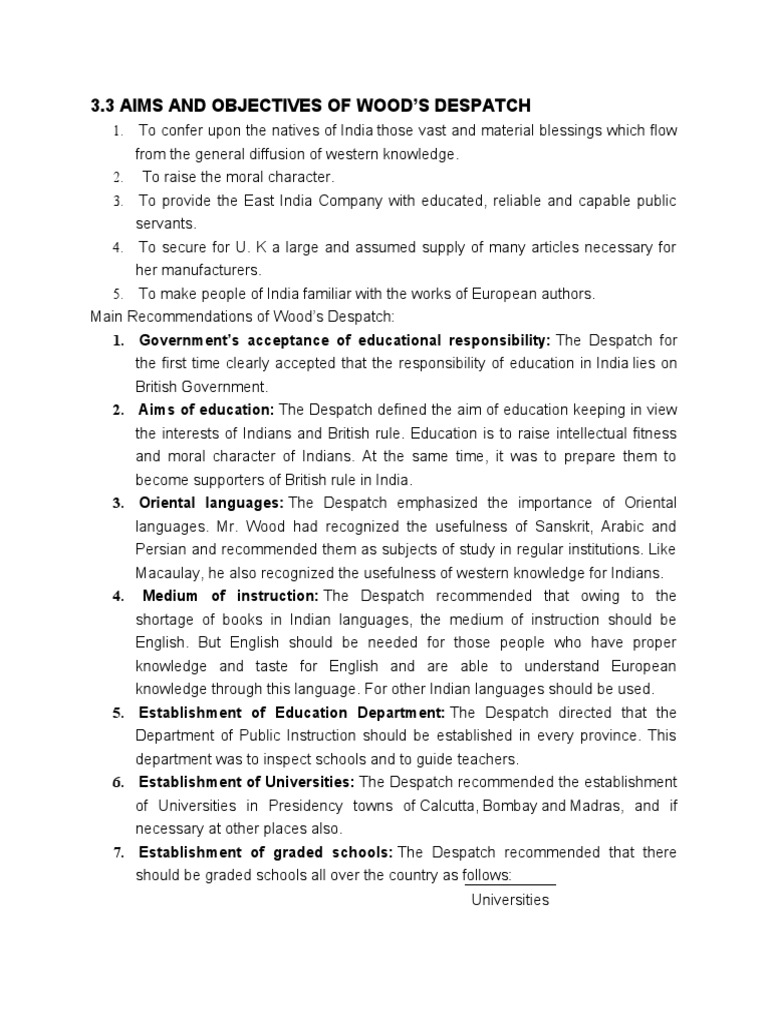 3.3 Aims and Objectives of Wood'S Despatch | PDF | Teachers | University
