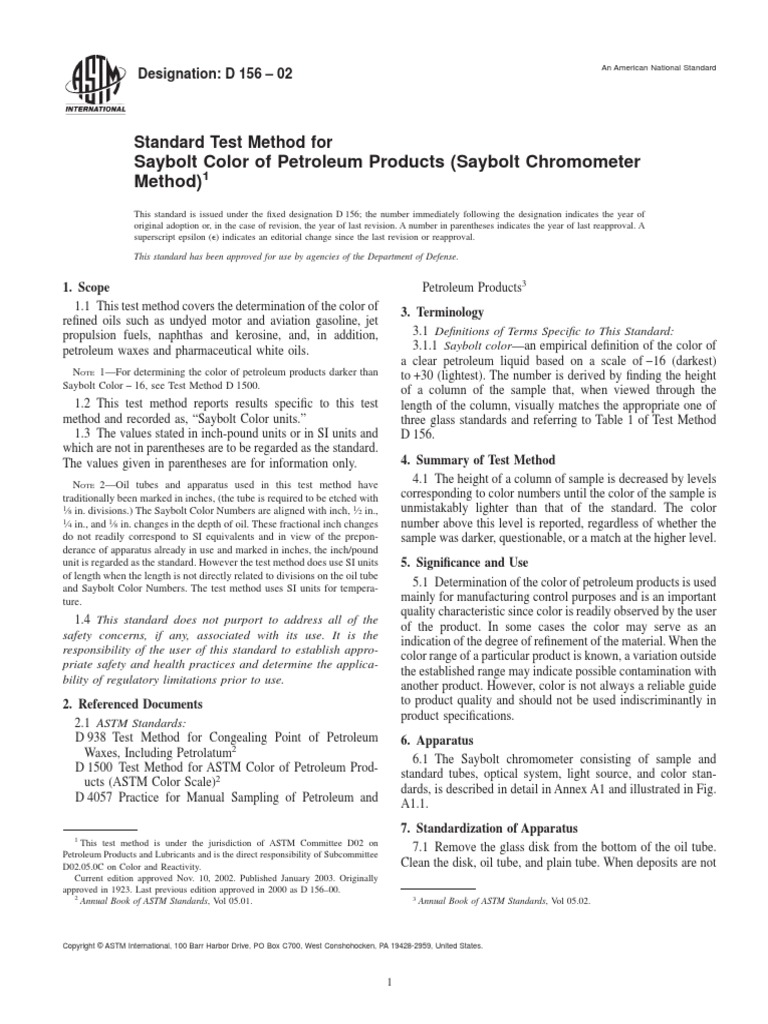 Saybolt Color of Petroleum Products (Saybolt Chromometer Method) | PDF