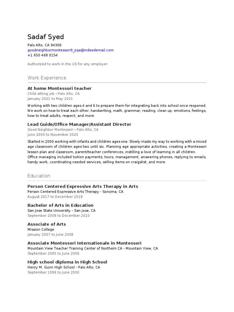 Sadaf Syed: Work Experience | PDF | Child Development | Relationships