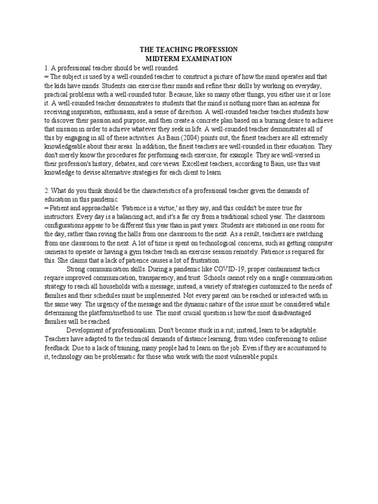 Teaching Profession Midterm Exam Guide | PDF | Teachers | Mind