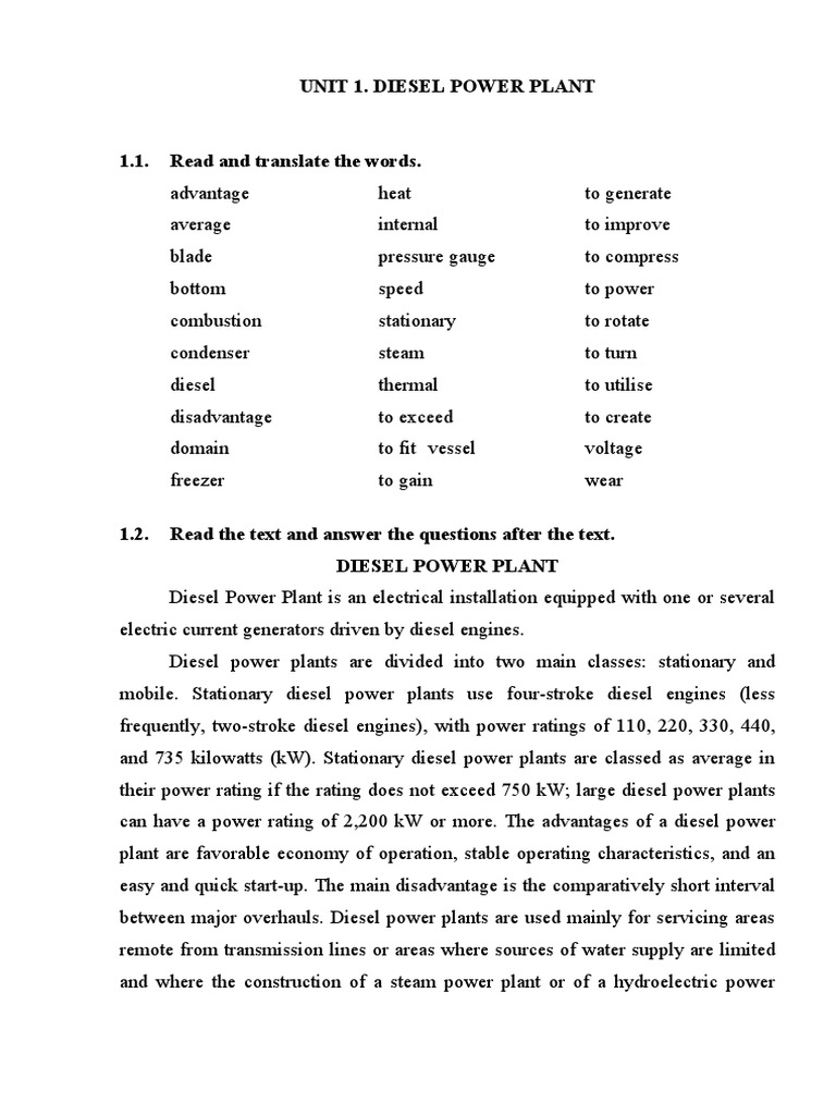 Unit 1. Diesel Power Plant | PDF | Diesel Engine | Power Station