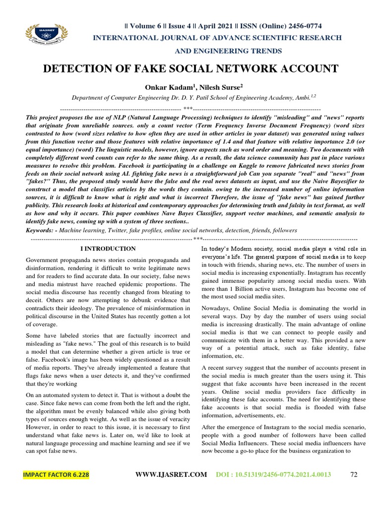 Detection of Fake Social Network Accounts Using Machine Learning | PDF ...