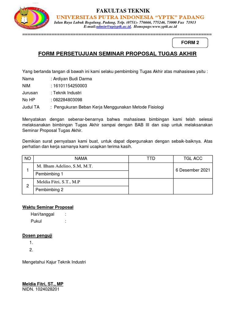 FORM 2. Persetujuan SemPro. | PDF