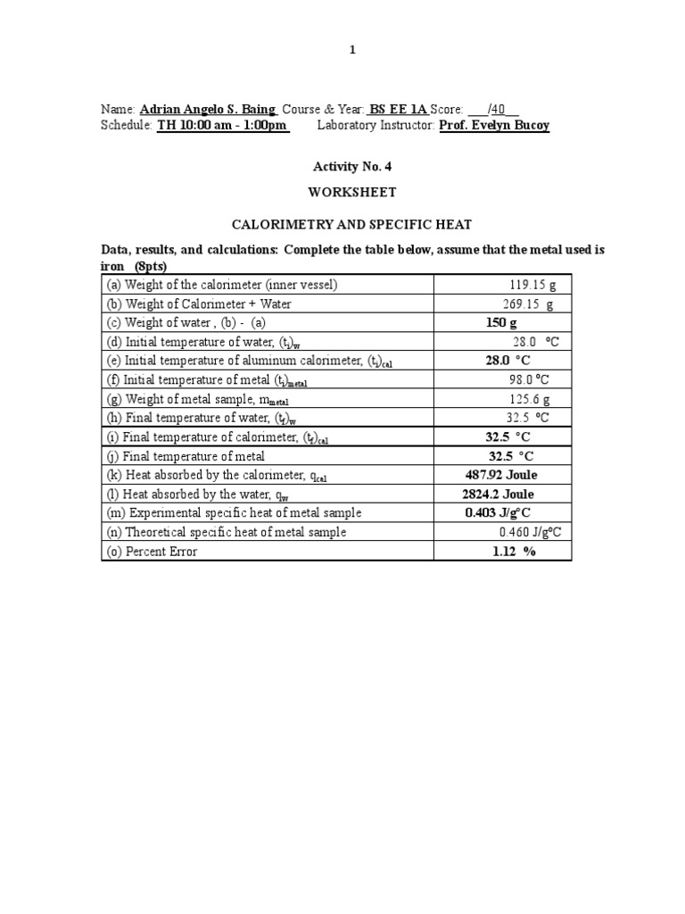 Act 4 Worksheet - Calorimetry and Specific Heat BAING, ADRIAN ANGELO S ...